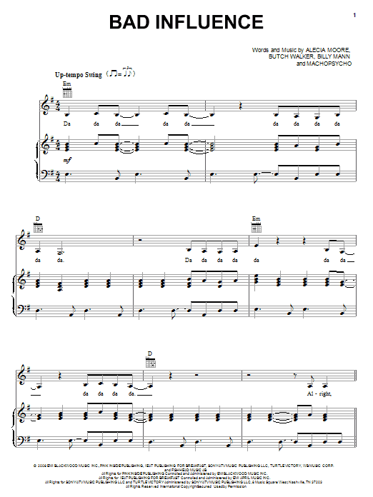 Bad Influence de Pink (Download) » partitions-musicales.net