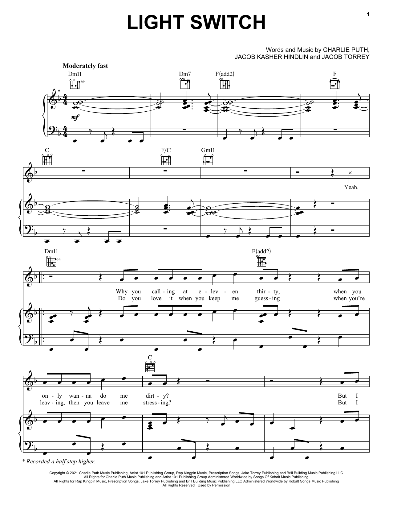 Light Switch de Charlie Puth (Download) » partitions-musicales.net